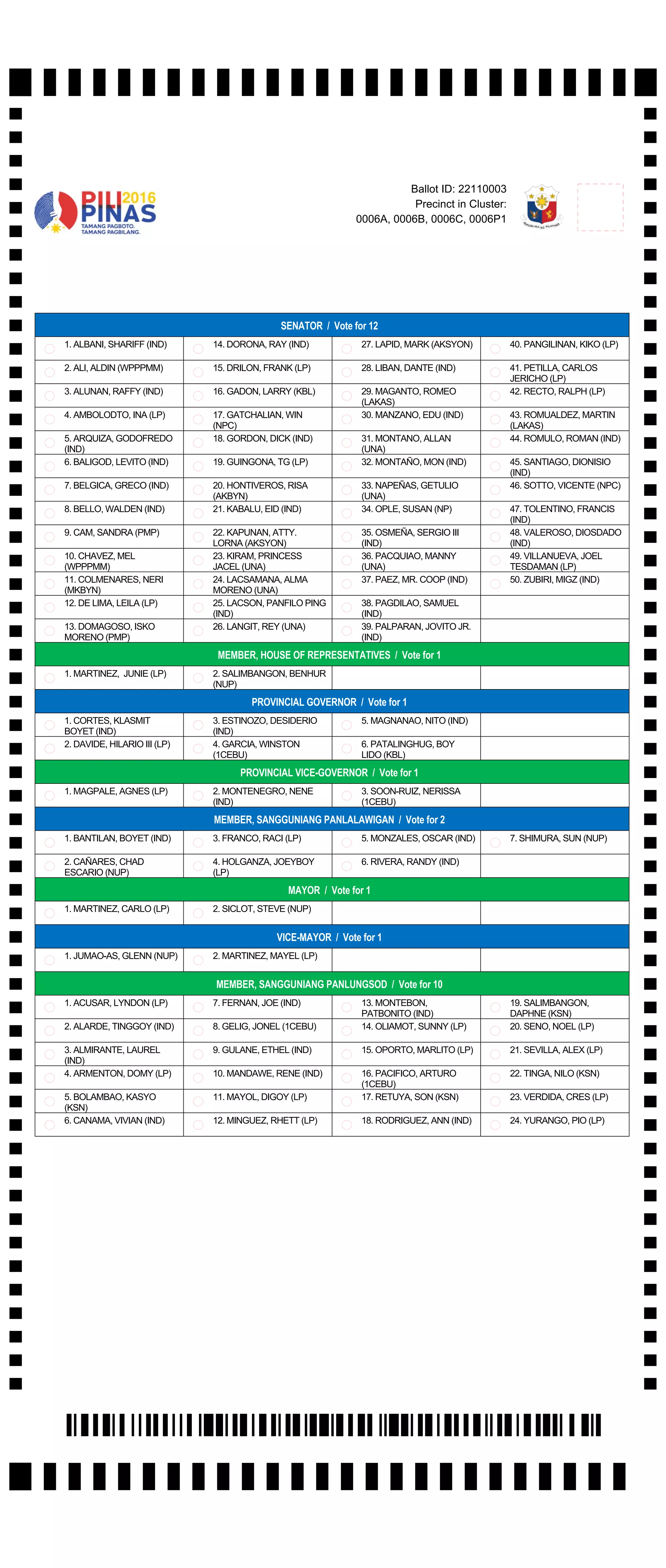 City of Bogo Partial Ballot Face Template 2016 | PDF