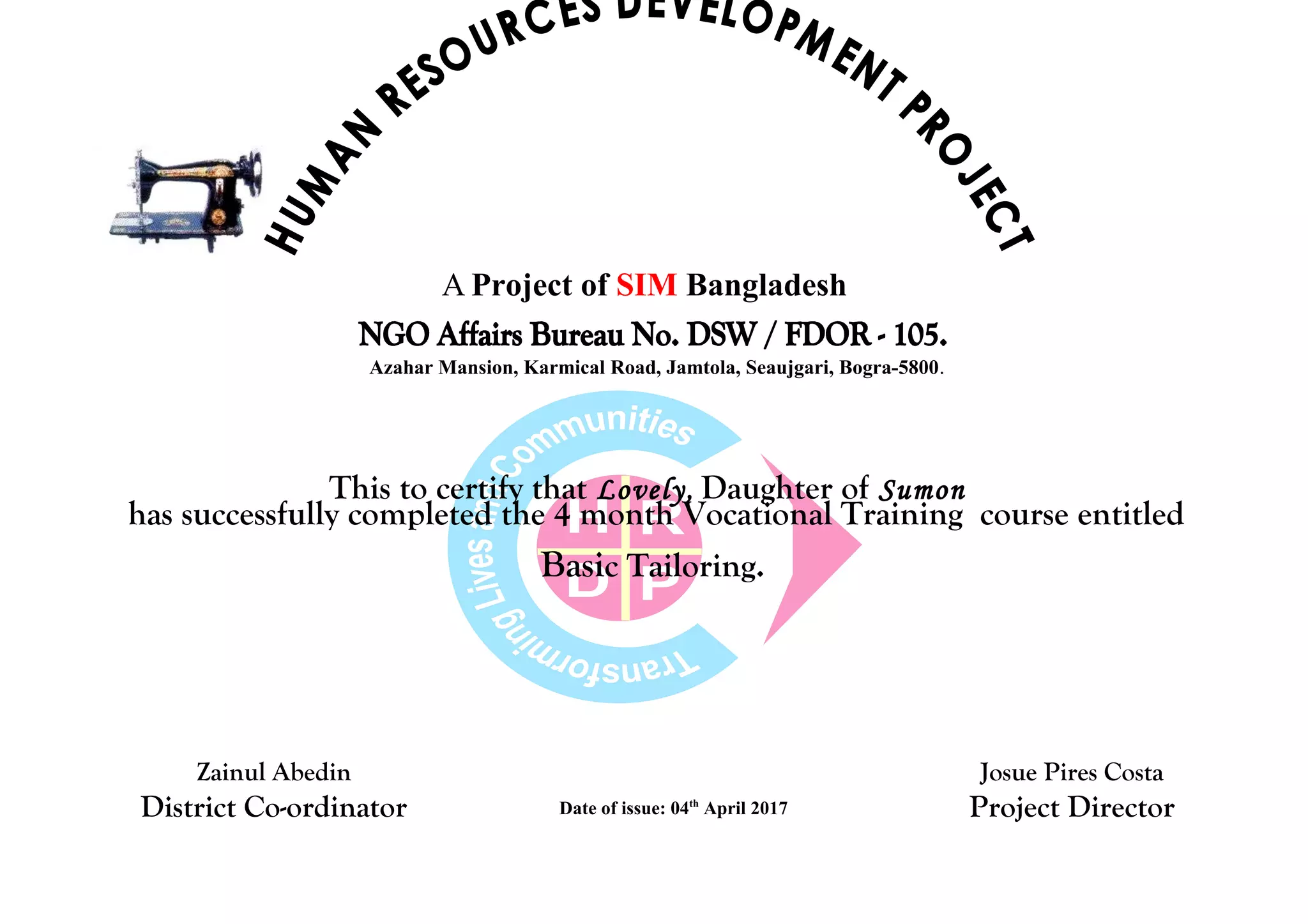 Bogra tailoring certificate | DOC