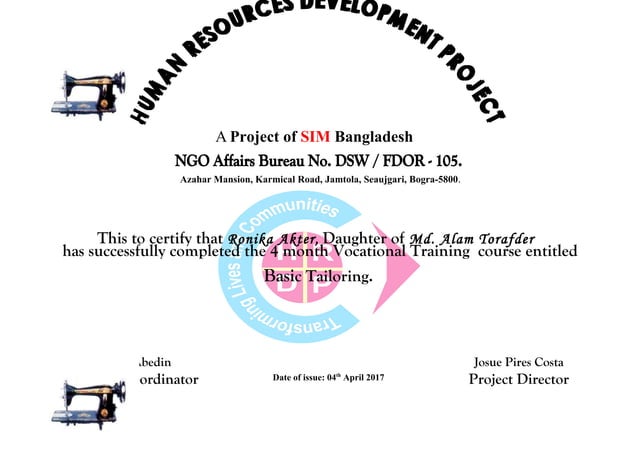 Bogra tailoring certificate | DOC