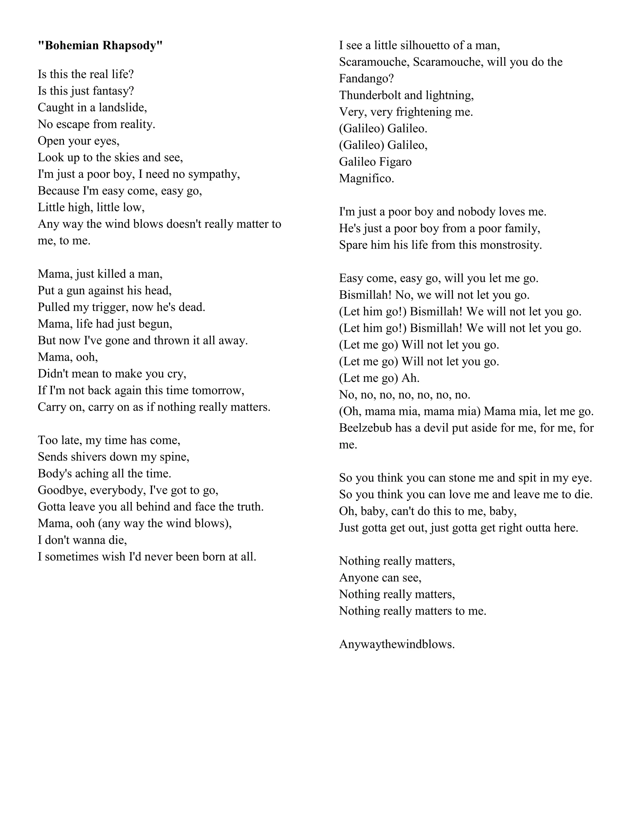 Bohemian rhapsody activity | DOCX