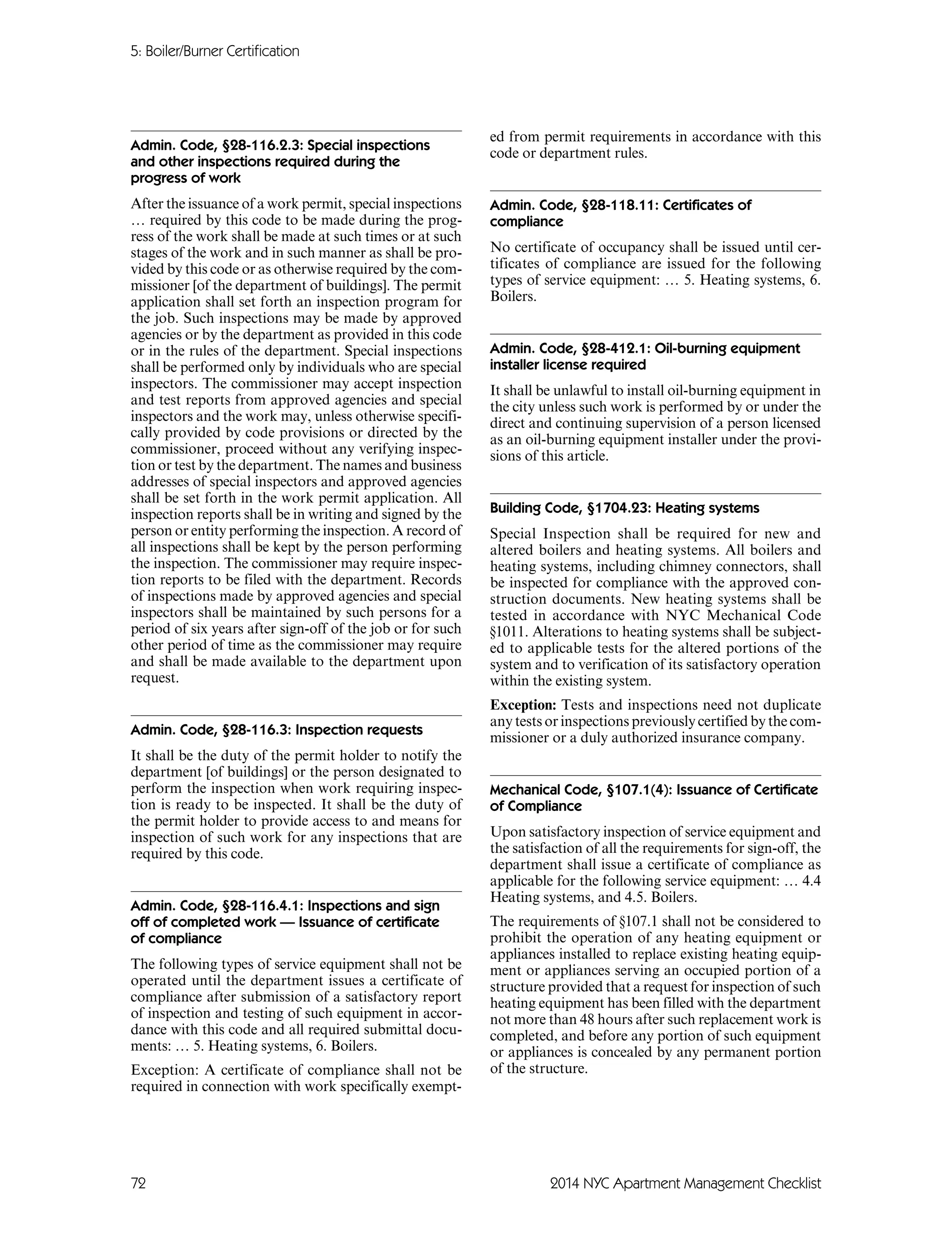 NYC Apartment Management Checklist: Boiler/Burner Certification | PDF