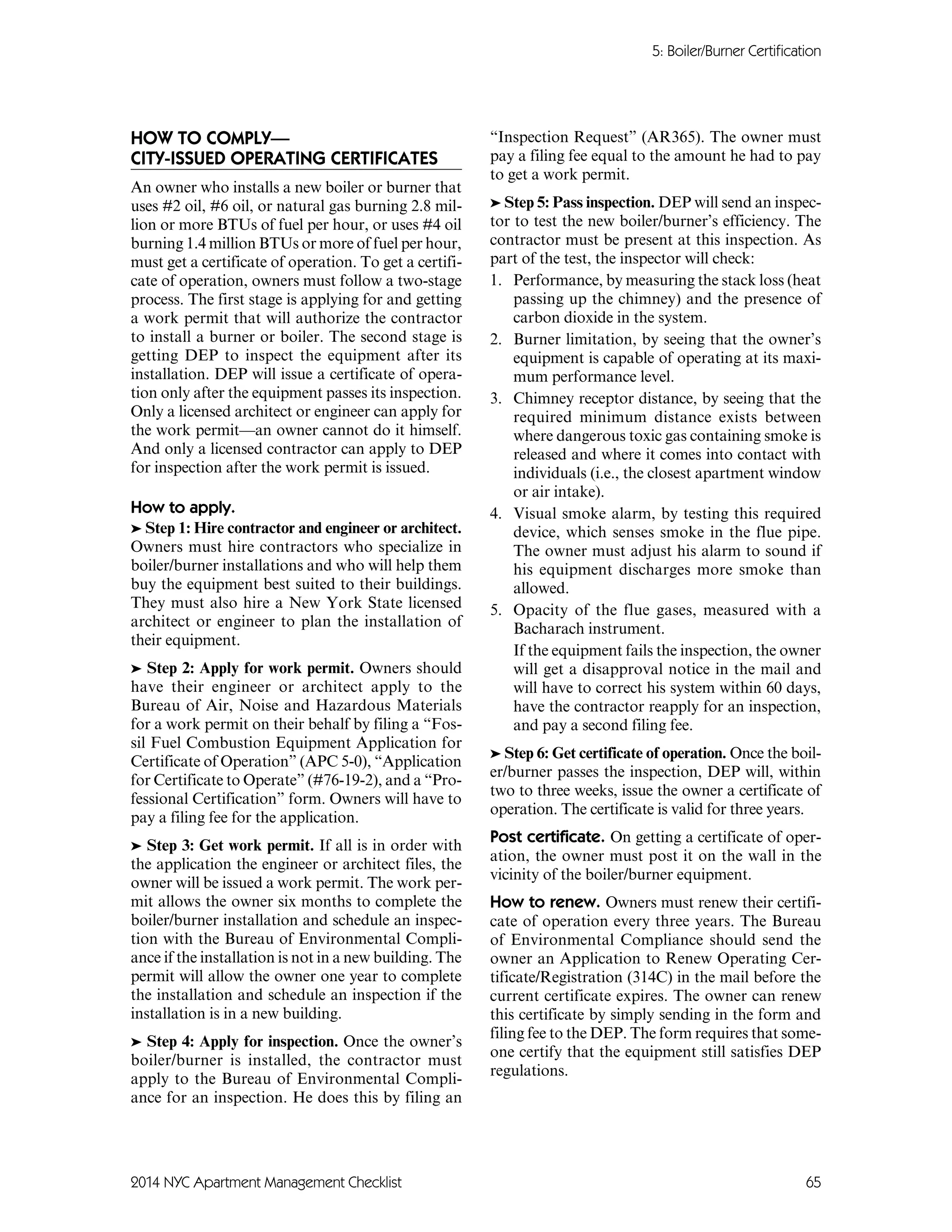 NYC Apartment Management Checklist: Boiler/Burner Certification | PDF