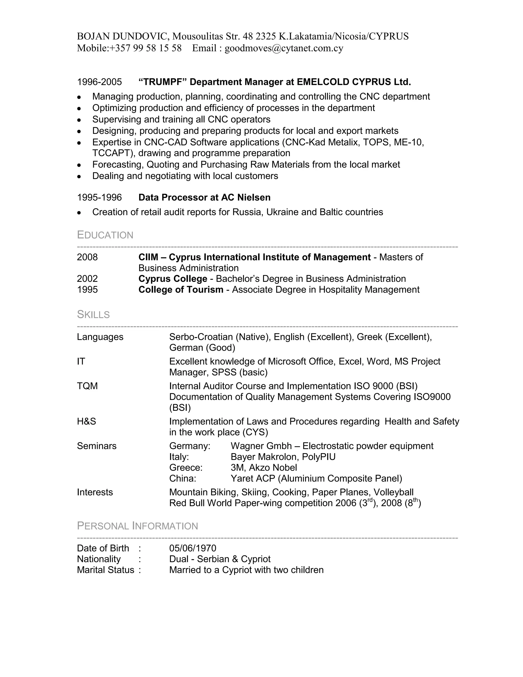 Bojan Dundovic Cv | DOCX