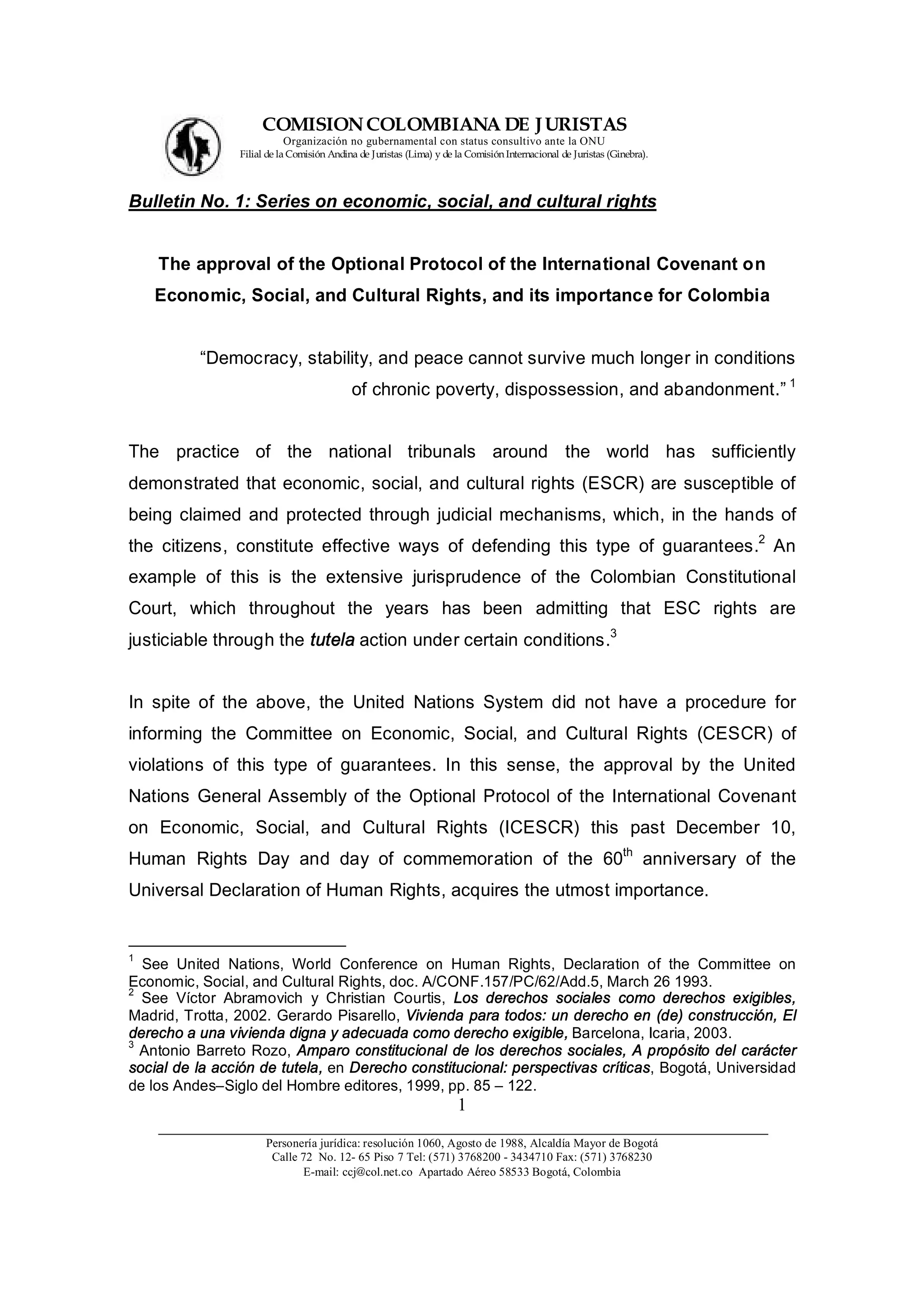 The approval of the Optional Protocol of the International Covenant on ...