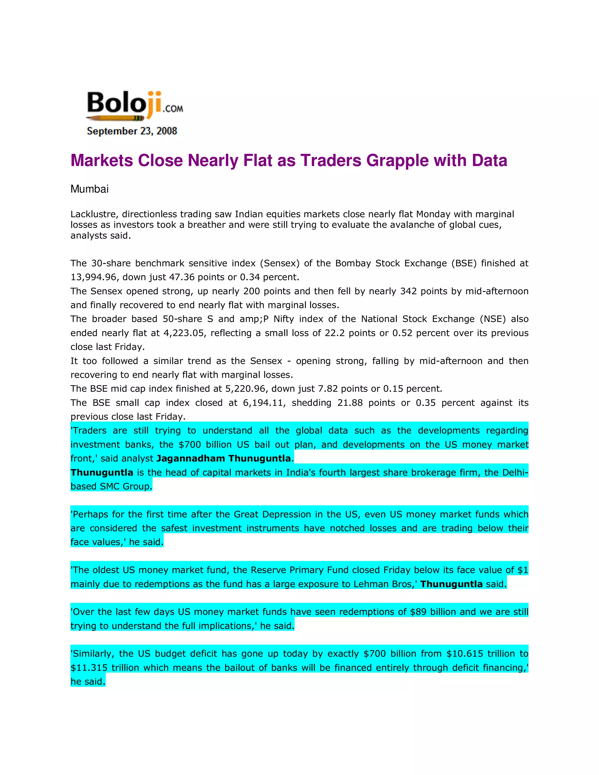Boloji - Sept 22, 2008 - Markets Close Nearly Flat as Traders Grapple ...