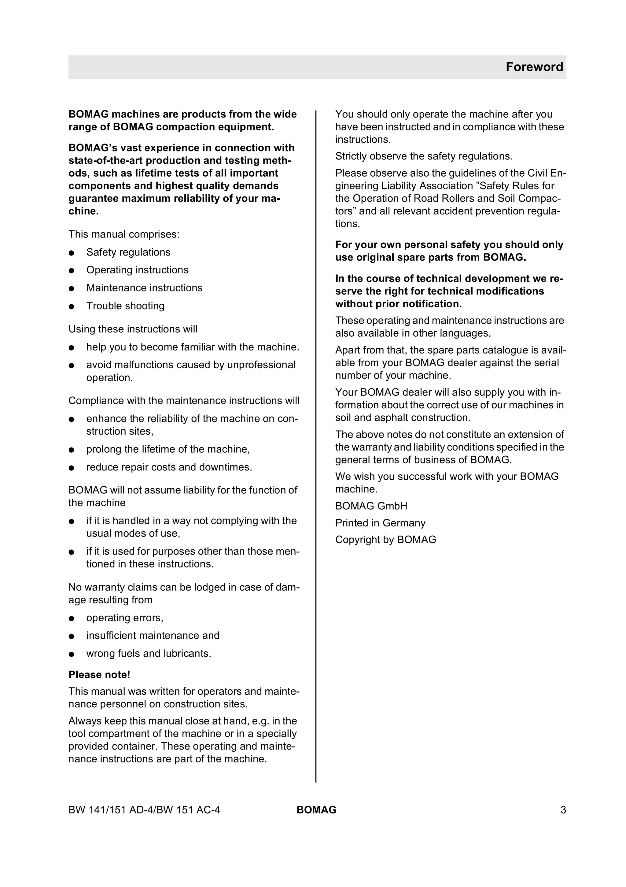 Bomag bw 141 ad 4 tandem rollers service repair manual | PDF