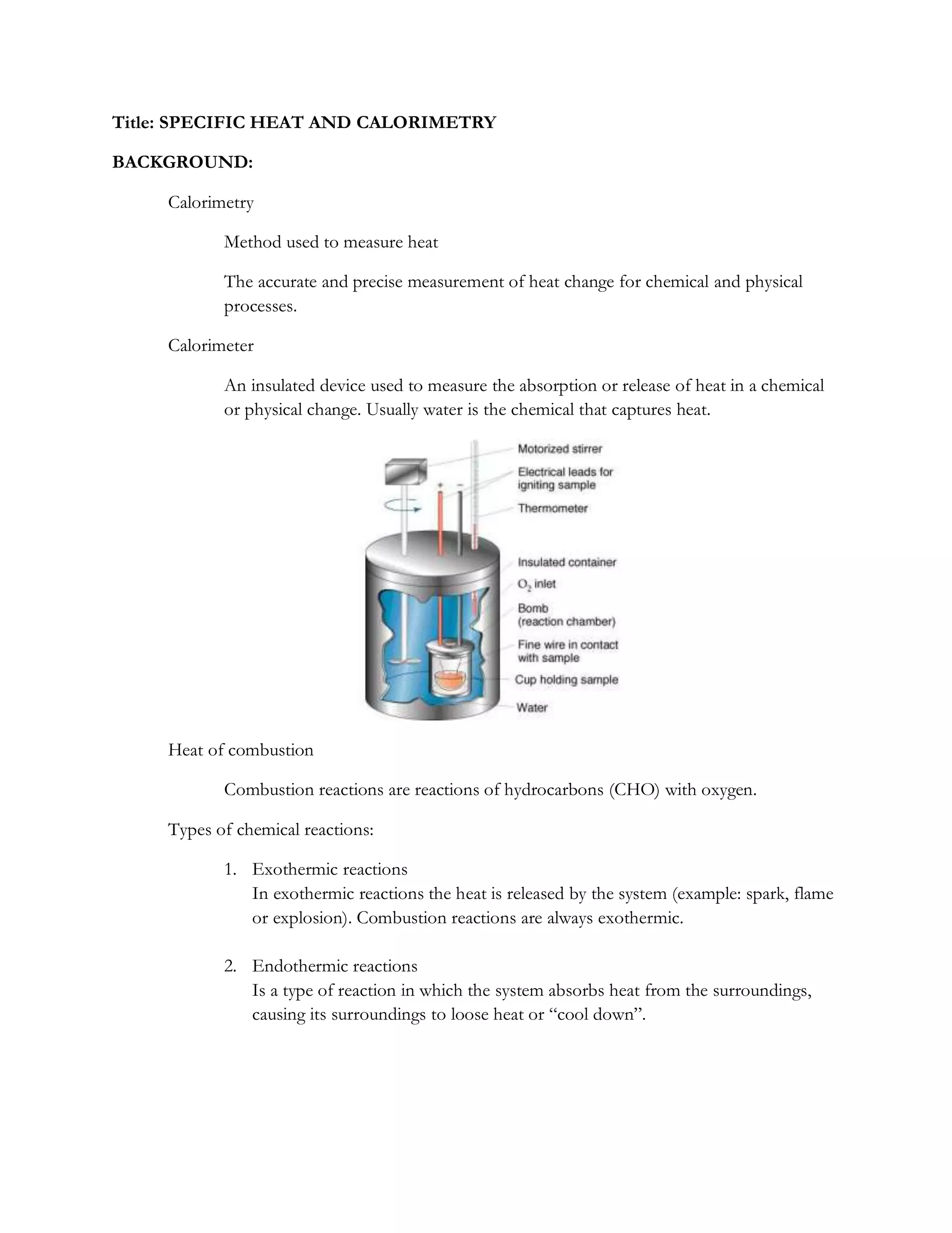 Bomb calorimeter experiment | PDF
