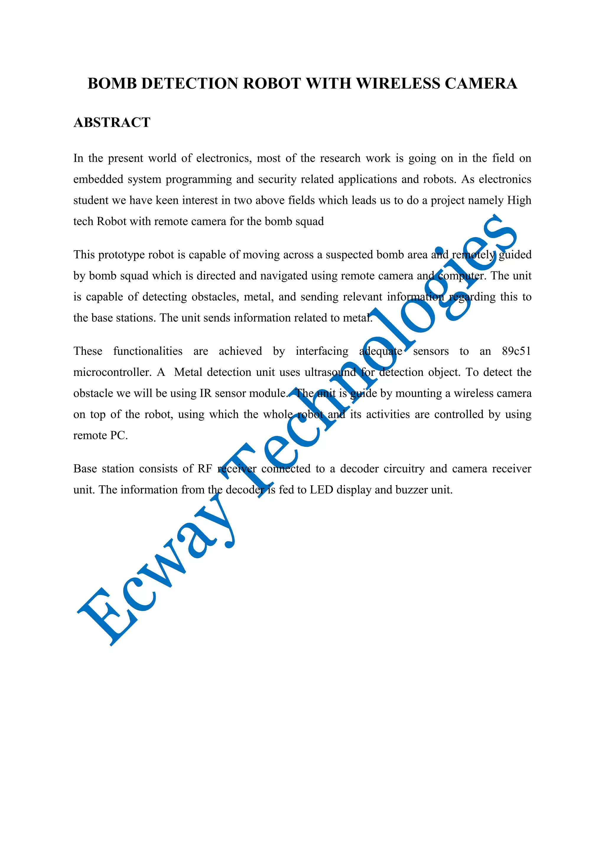Bomb detection robot with wireless camera | PDF