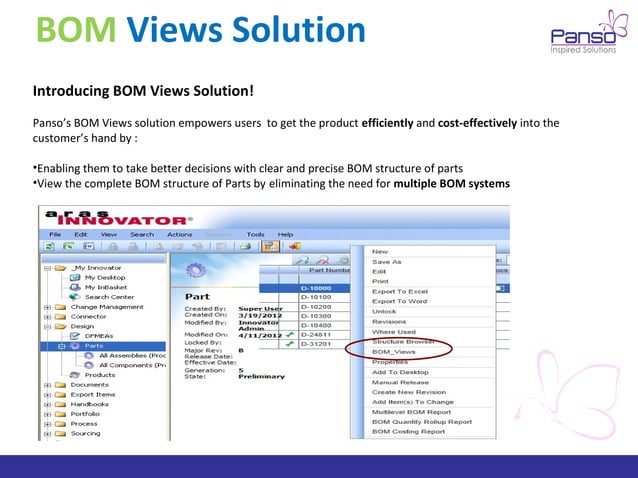 BOM (Bill of Materials) Views in Aras Innovator by Panso Solutions | PPT
