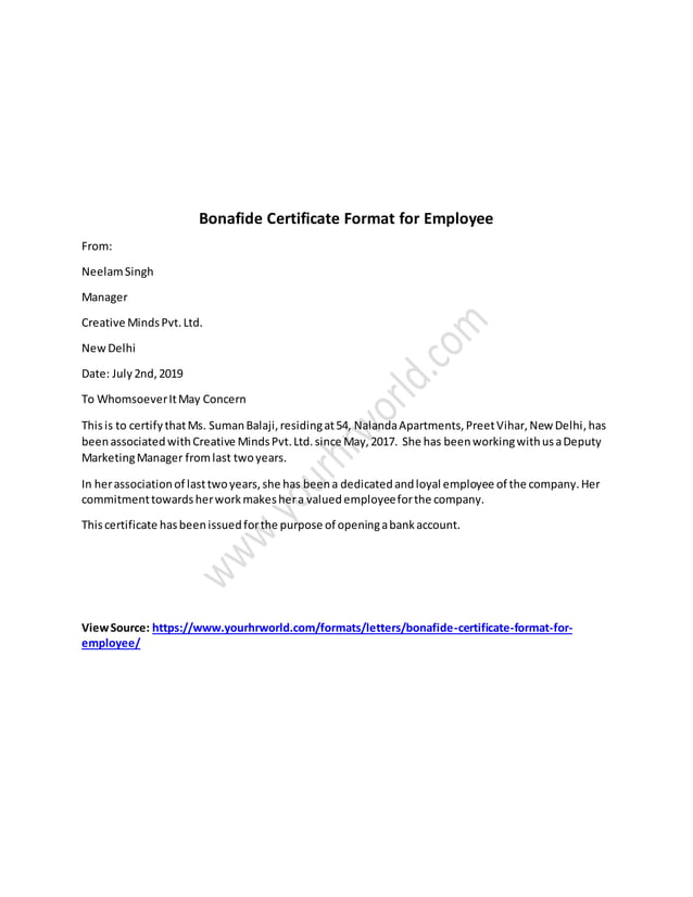 Bonafide Certificate Format for Employee Sample Doc | DOCX
