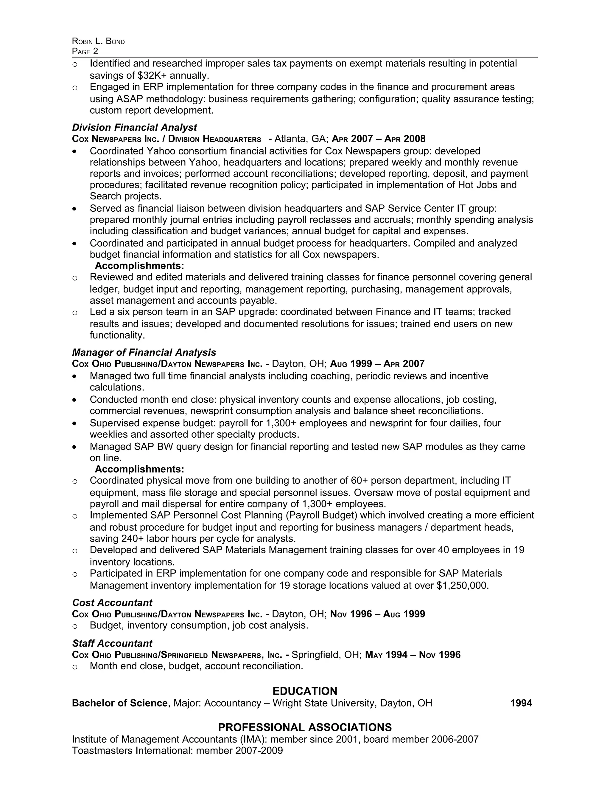 Resume: Bond, Robin 40379 | DOC