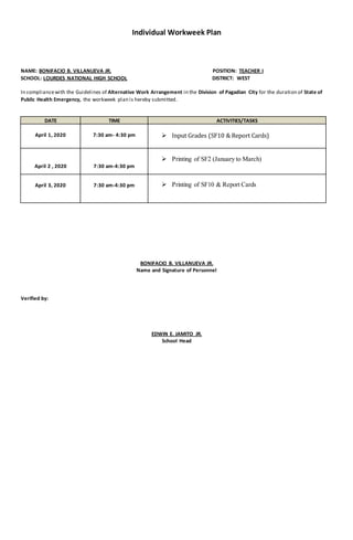 Bonifaco b. villanueva jr. individual work plan | PDF