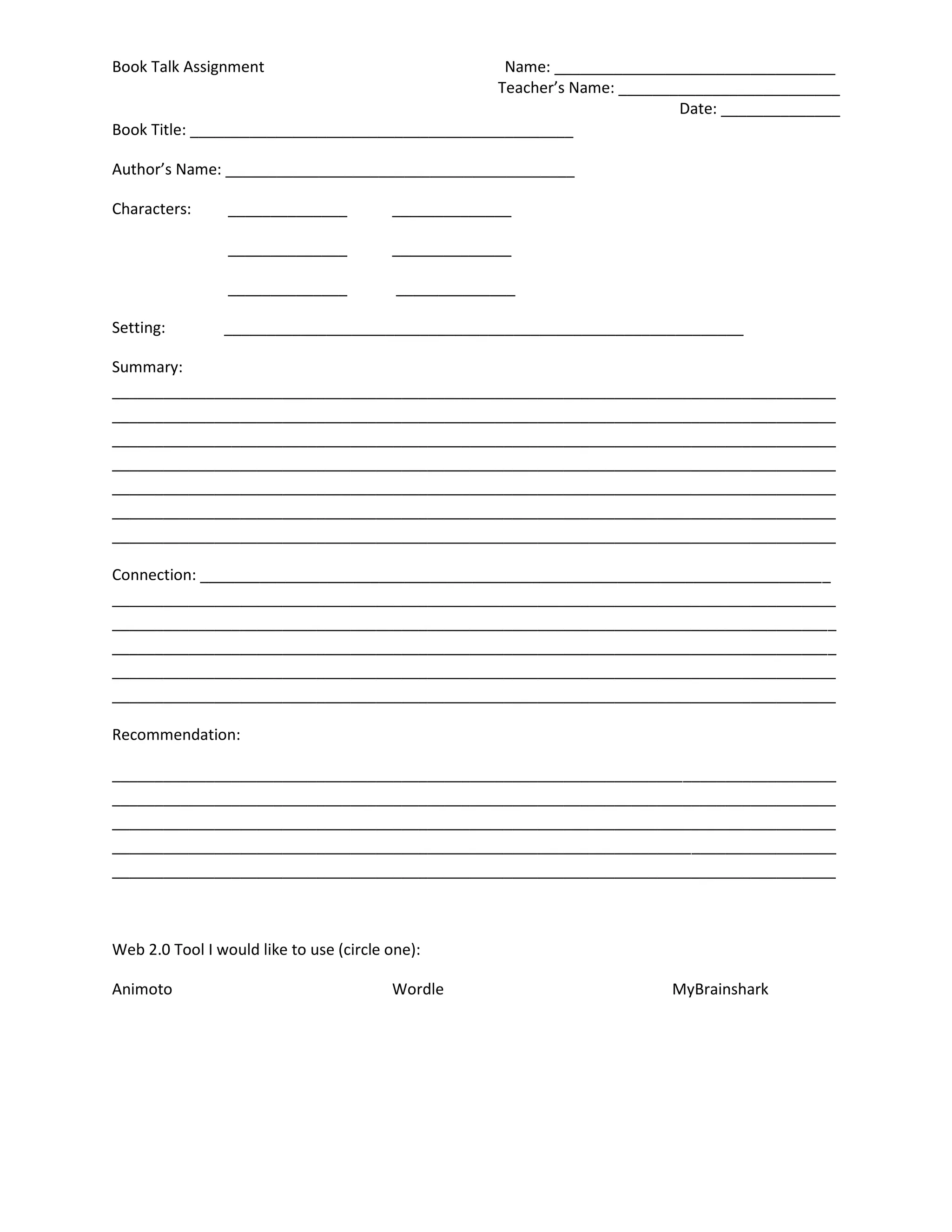 Book Talk Form 4th/5th Grade | DOCX