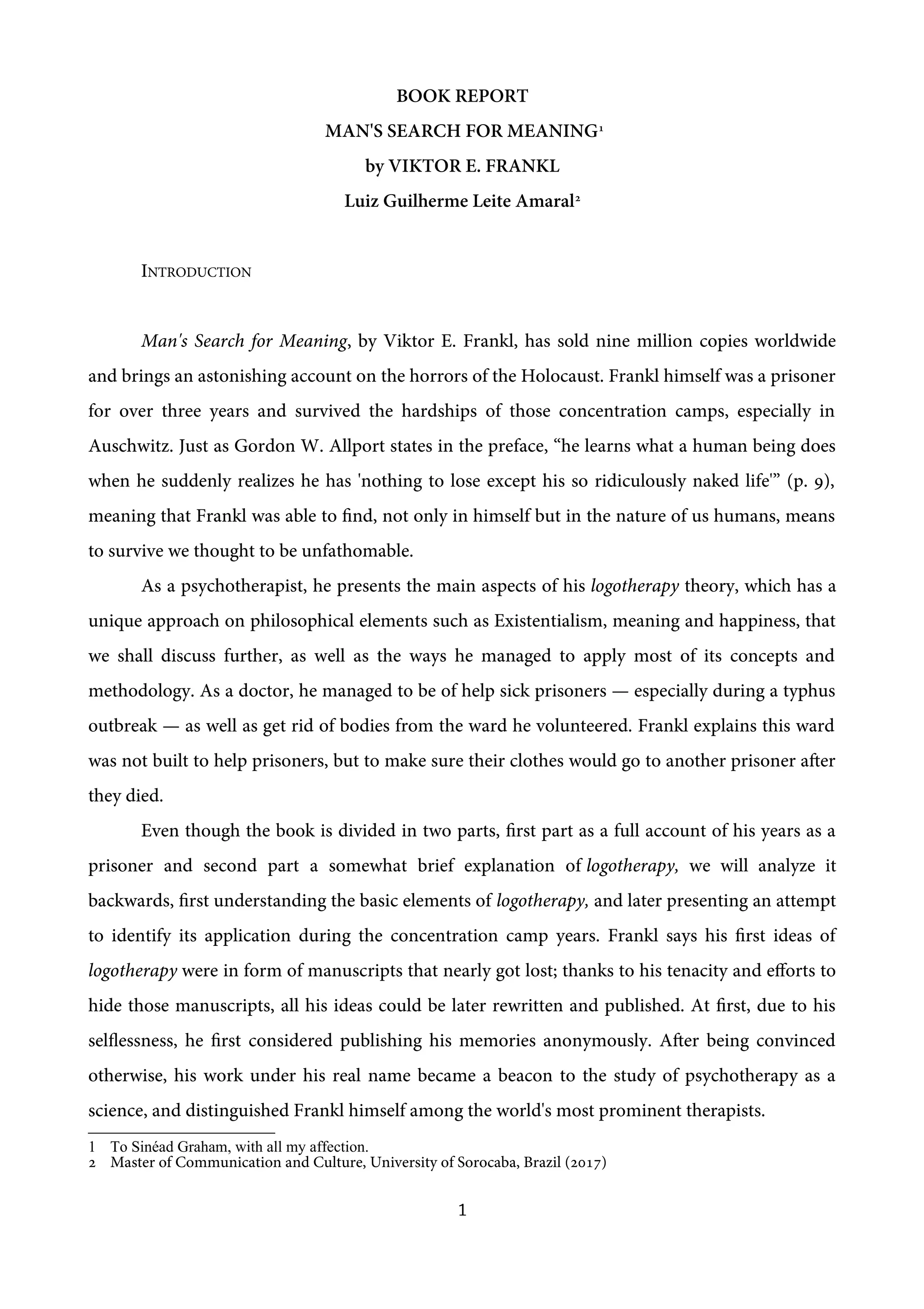 Man's Search for Meaning (Book Report) | PDF