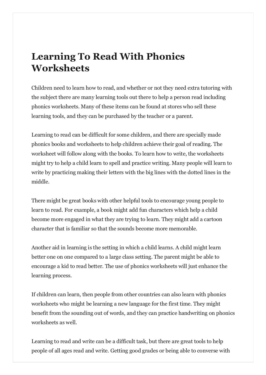 Learning To Read With Phonics Worksheets Learning To Read With Phonics Worksheets