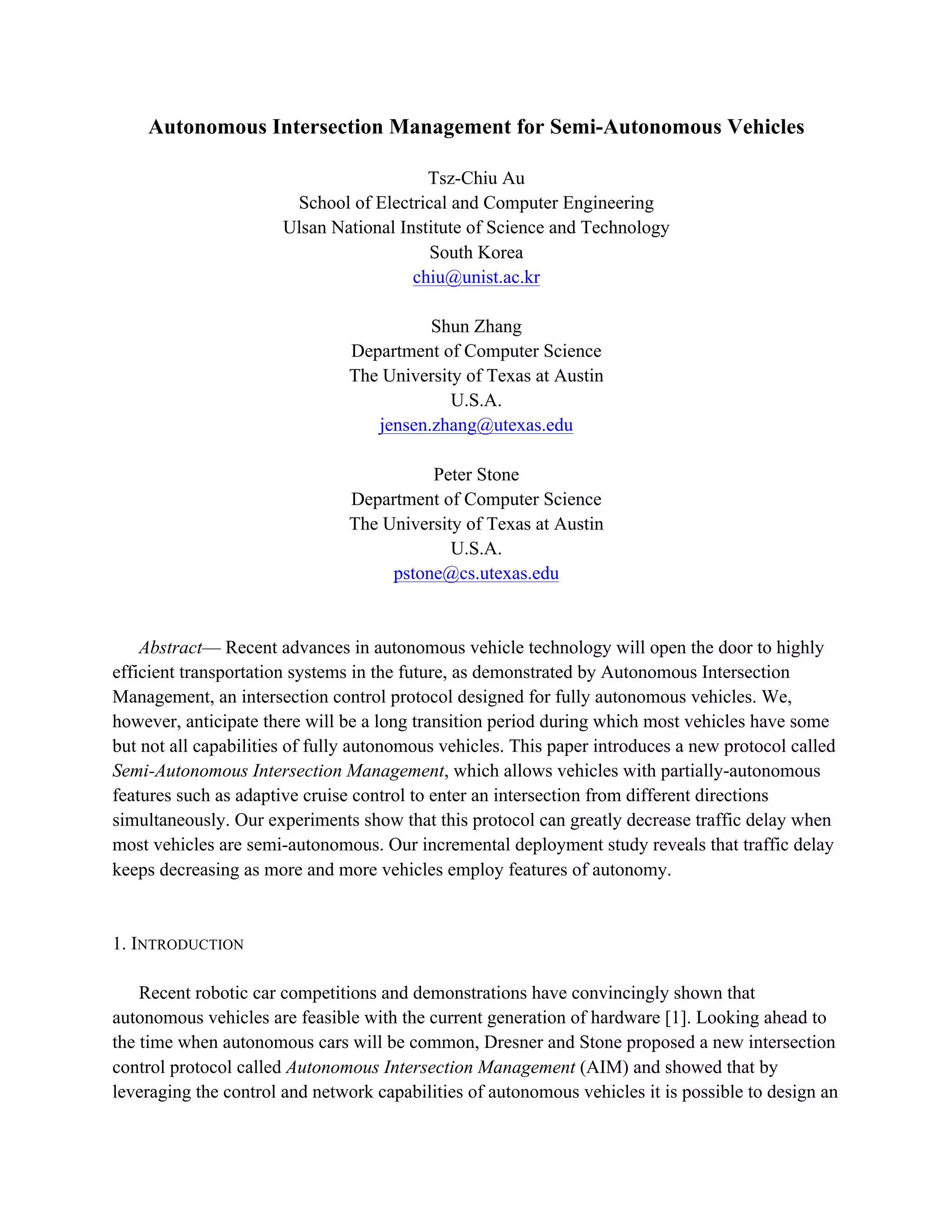 Autonomous Intersection Management For Semi Autonomous Vehicles Pdf Driverless Cars Auto Type