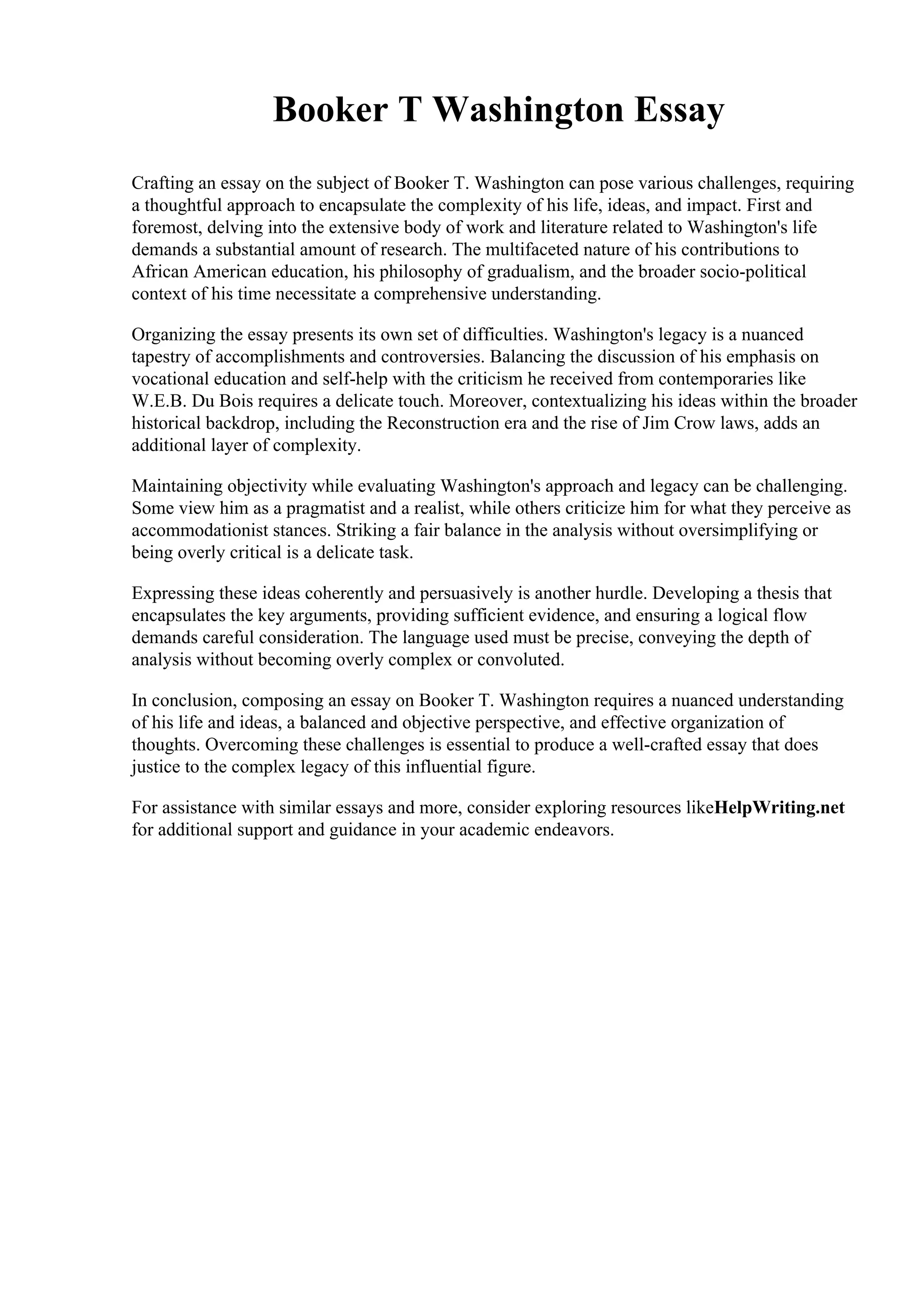 Booker T Washington Essay. Mercy College of Health Sciences | PDF
