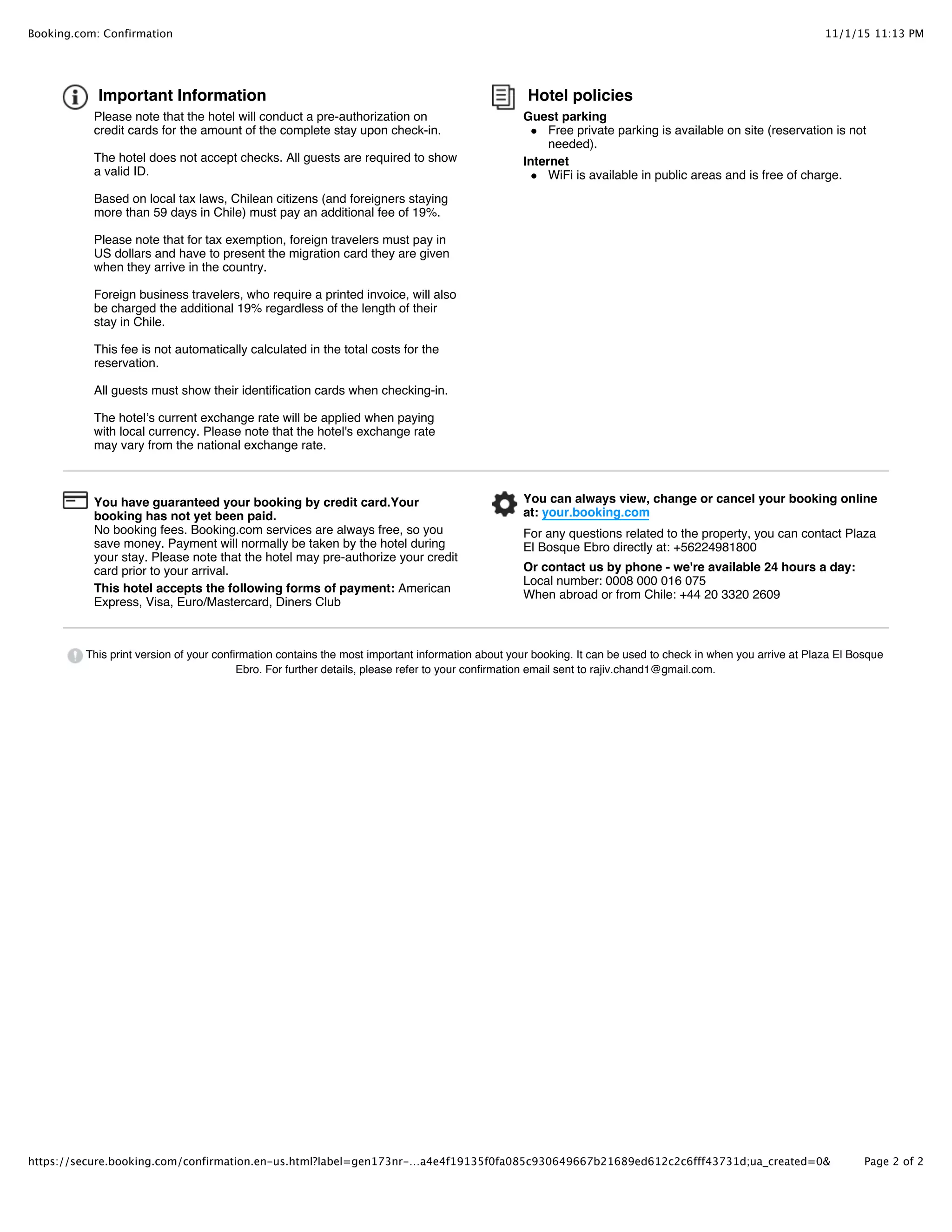 Booking.com: confirmation chile | PDF