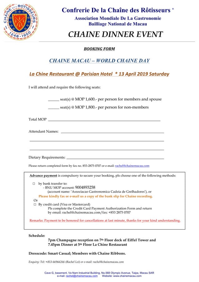 World Chaine Day 2019 Macau Booking form | PDF