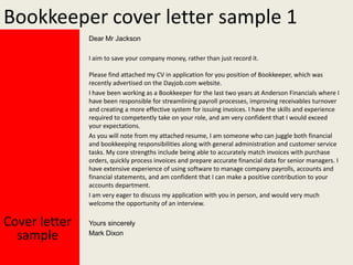 Bookkeeper cover letter | PPTX | Resume Writing and Advice | Job Search