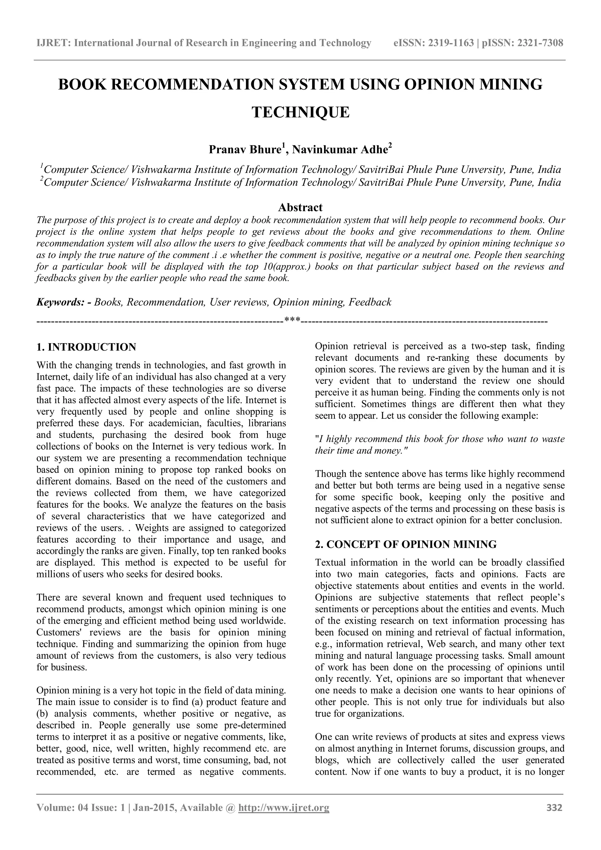 Book recommendation system using opinion mining technique | PDF