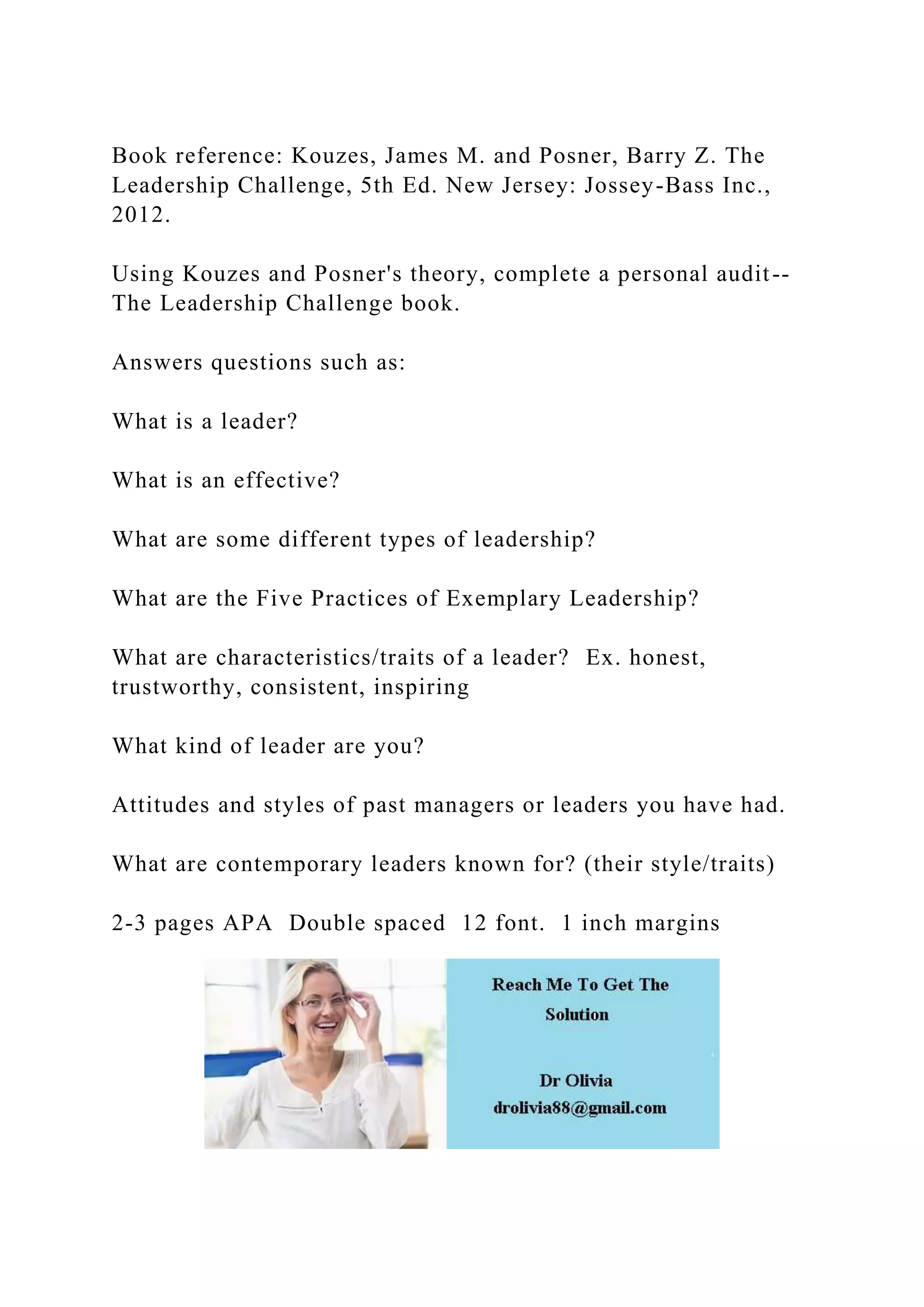 Book reference Kouzes, James M. and Posner, Barry Z. The Leadership.docx