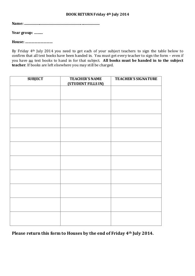 Book return letter and form 2014
