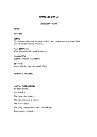 Book Review Template - Title, Author, Genre, Plot, Characters, Setting ...