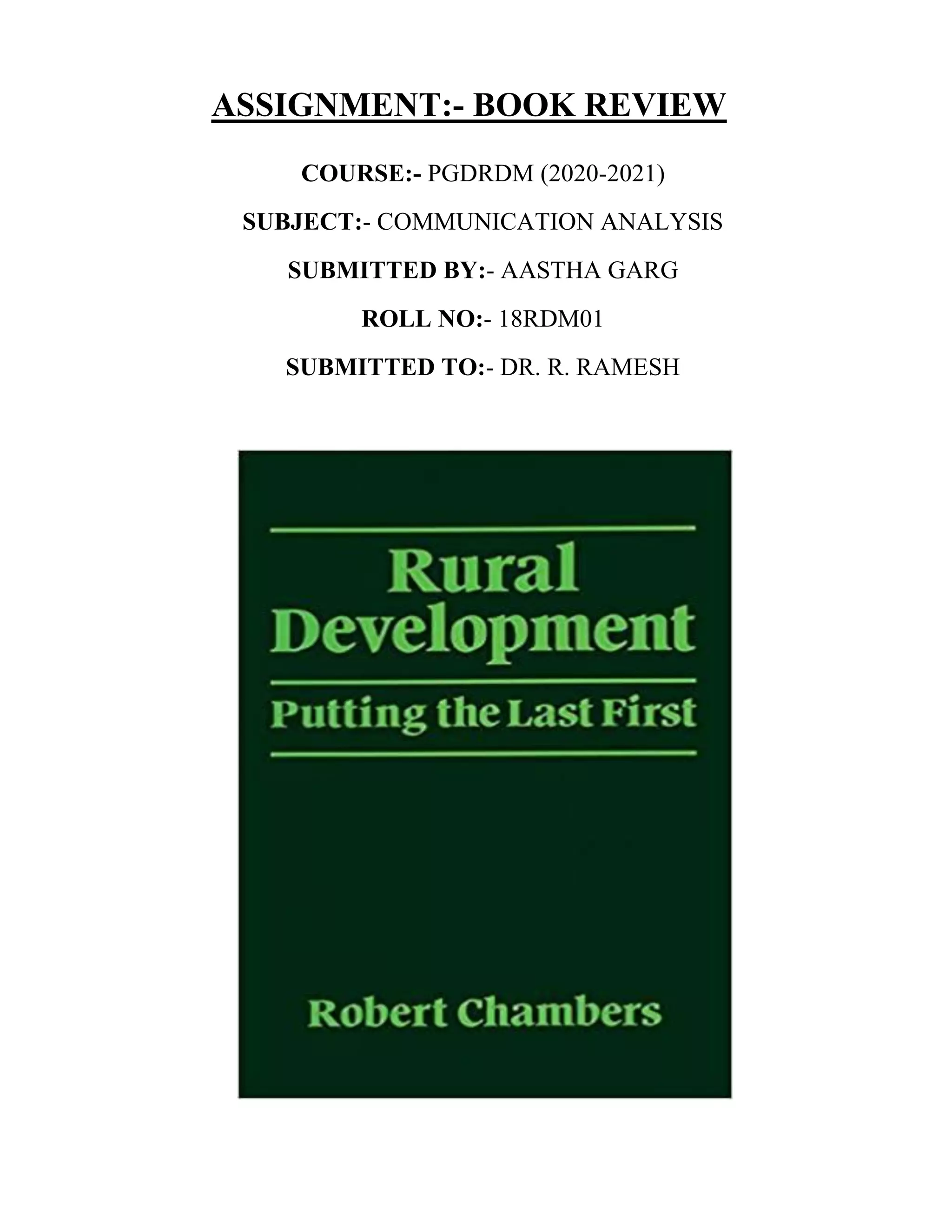 Book review on rural development- putting the last first by robert chambers | PDF