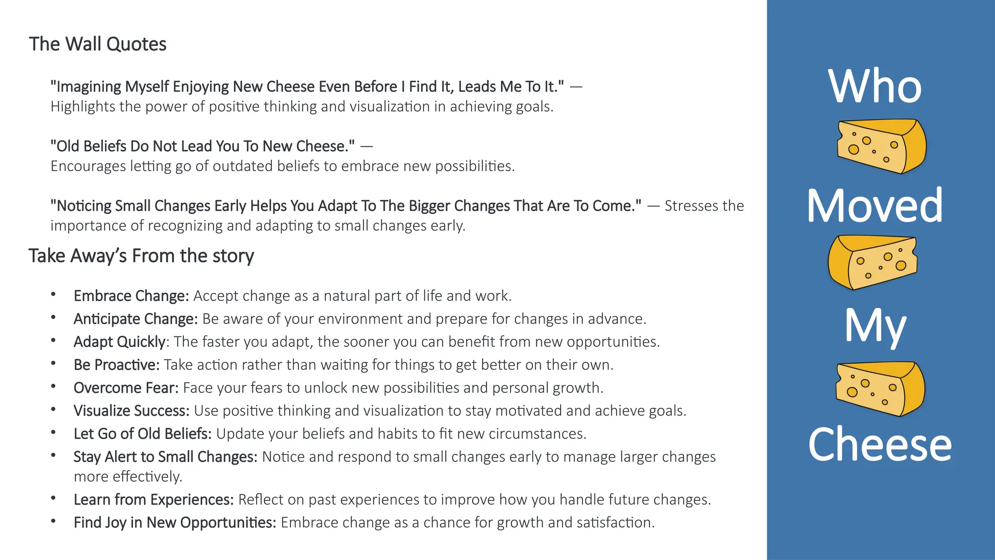 Book Review on the story summary " who moved my cheese " | PPTX