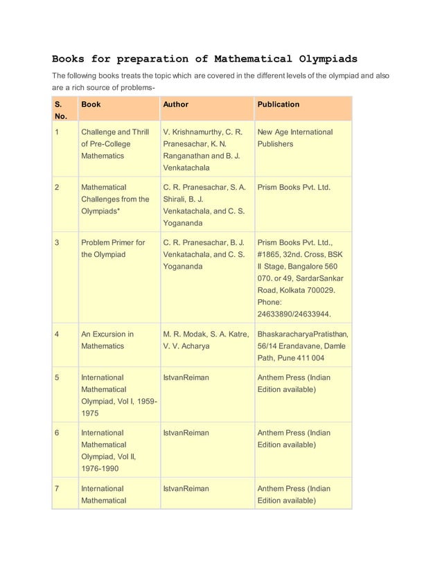 Books for preparation of mathematical olympiads | PDF