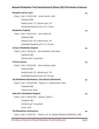 Maxwell Winter 2012 Elizabethan Research Project Books on Reserve | PDF