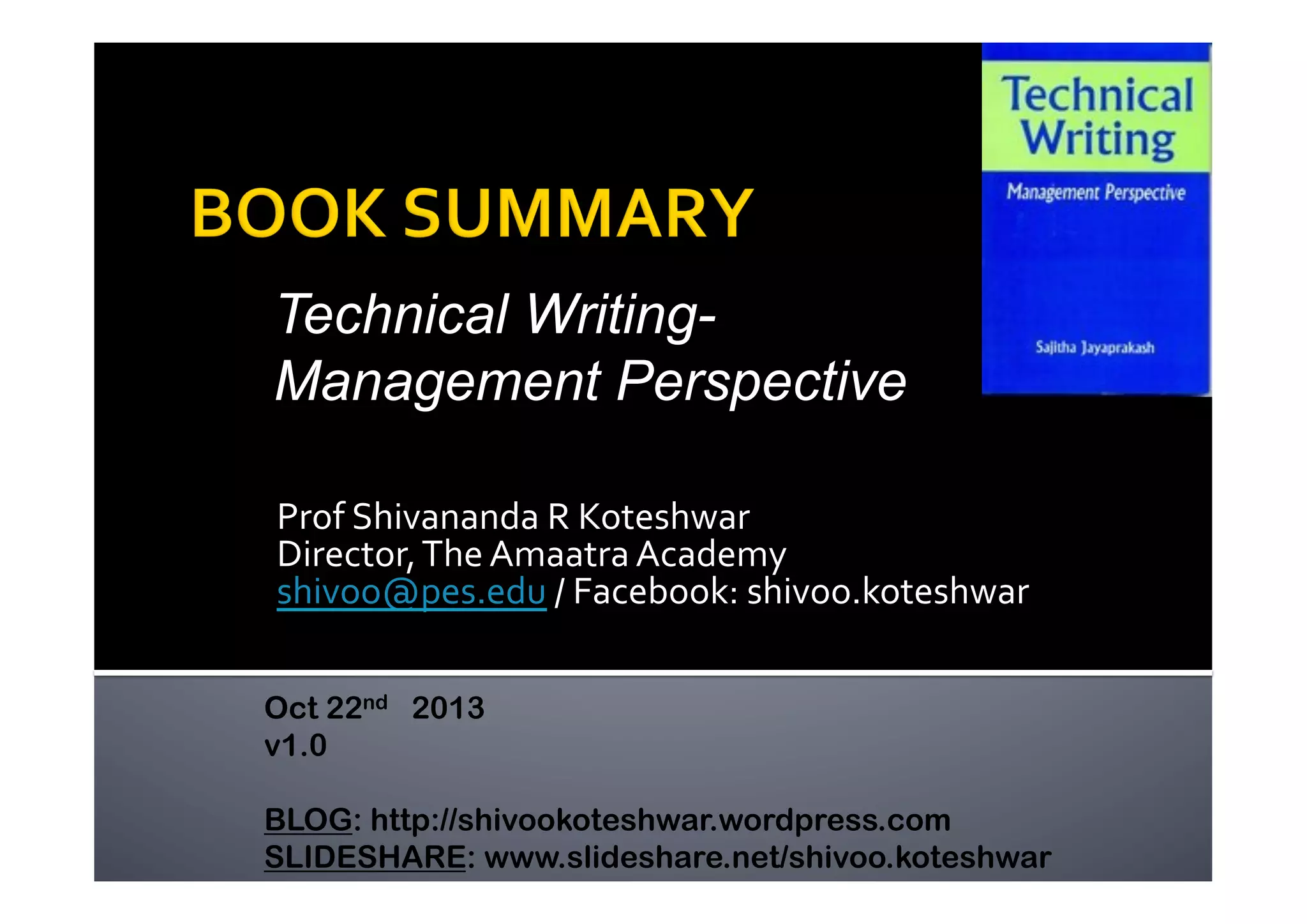 Book Summary - Technical Writing, Management Perspective | PPT