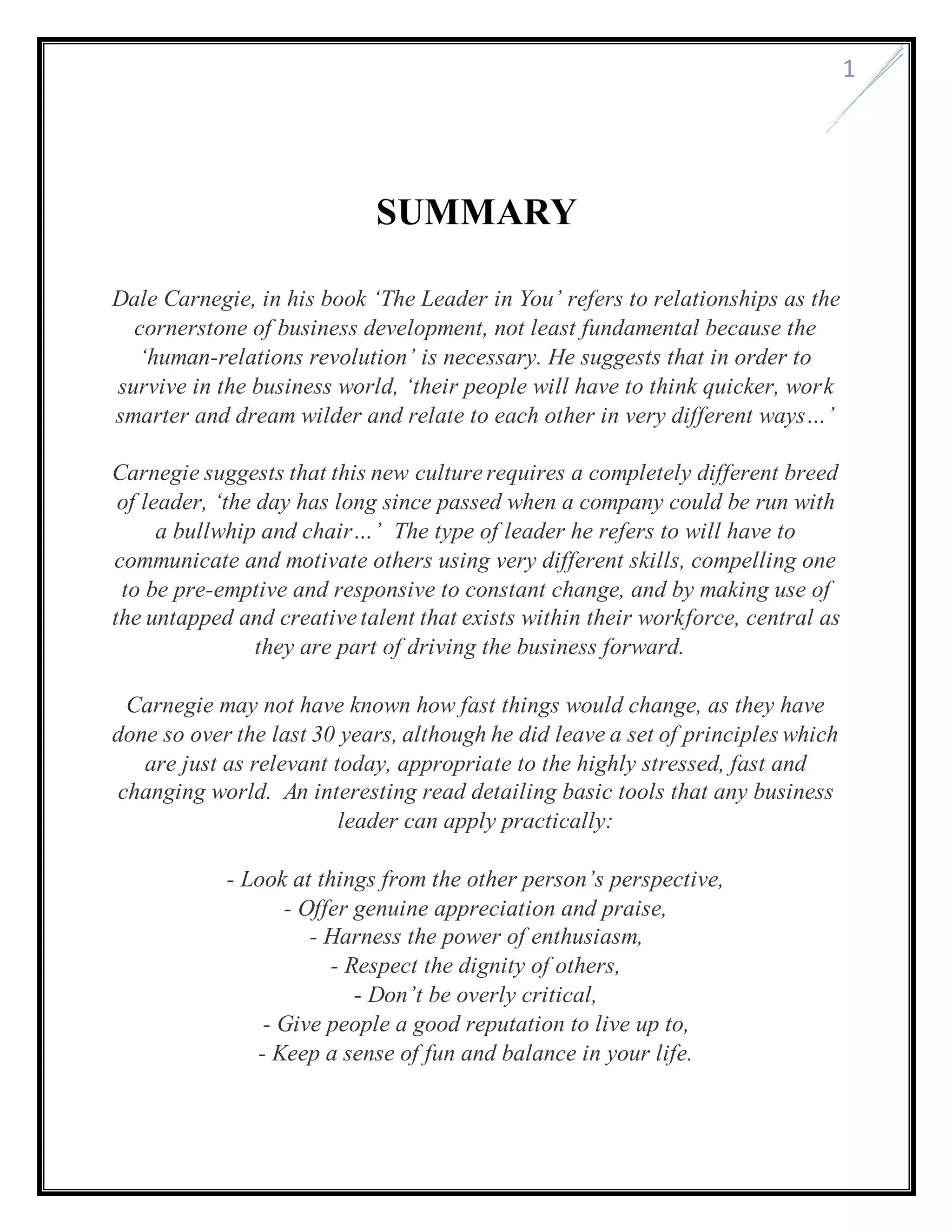 The Leader in You- Dale Carnegie - Book Summary | DOCX