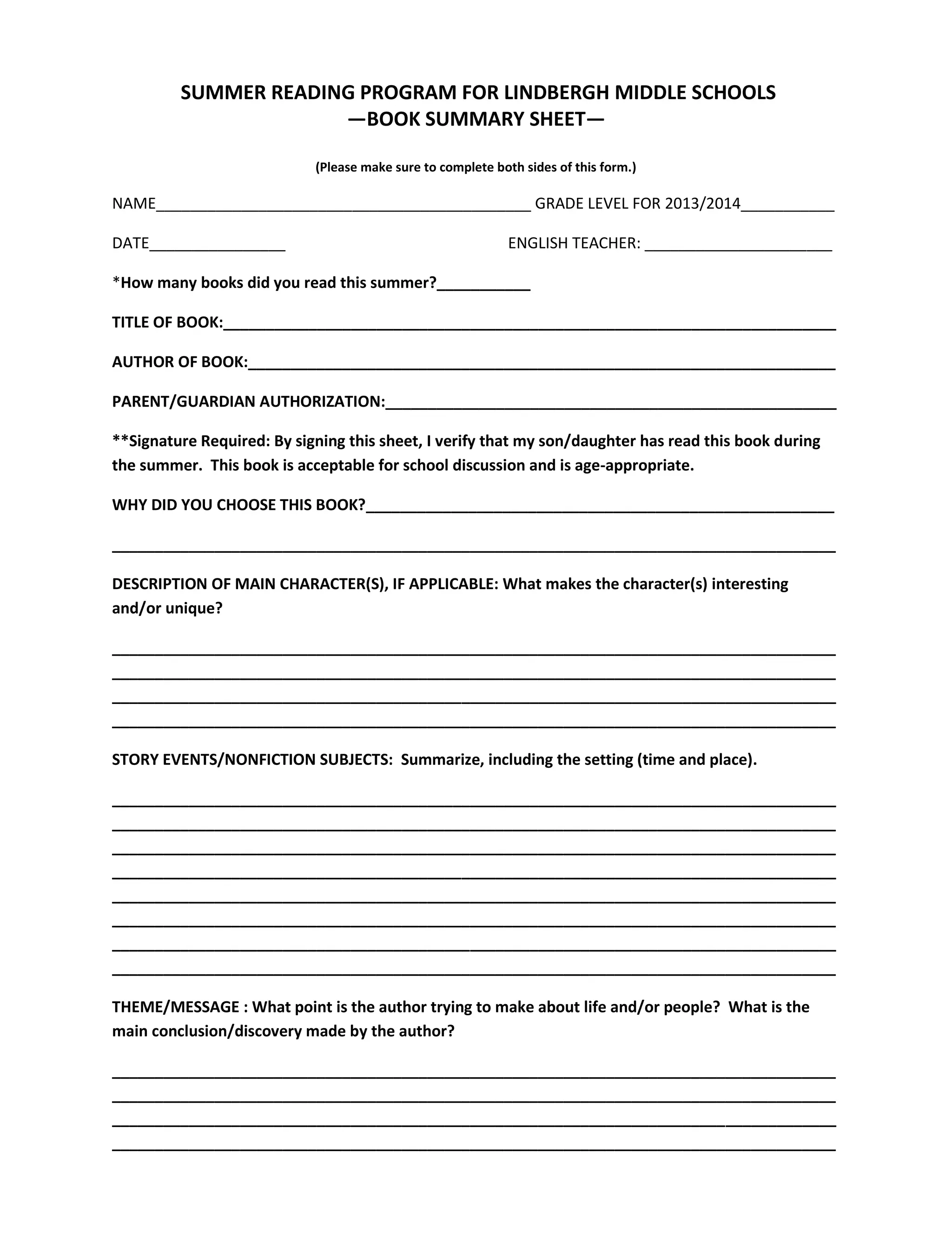 Middle School Book Summary Sheet 2013 | PDF