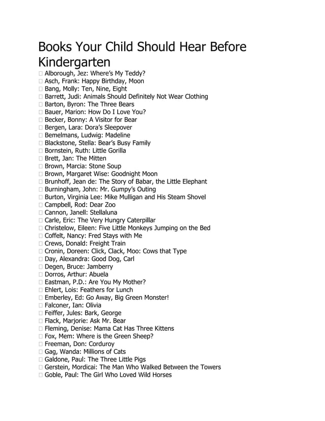 Books your child should hear before kindergarten reading list | PDF