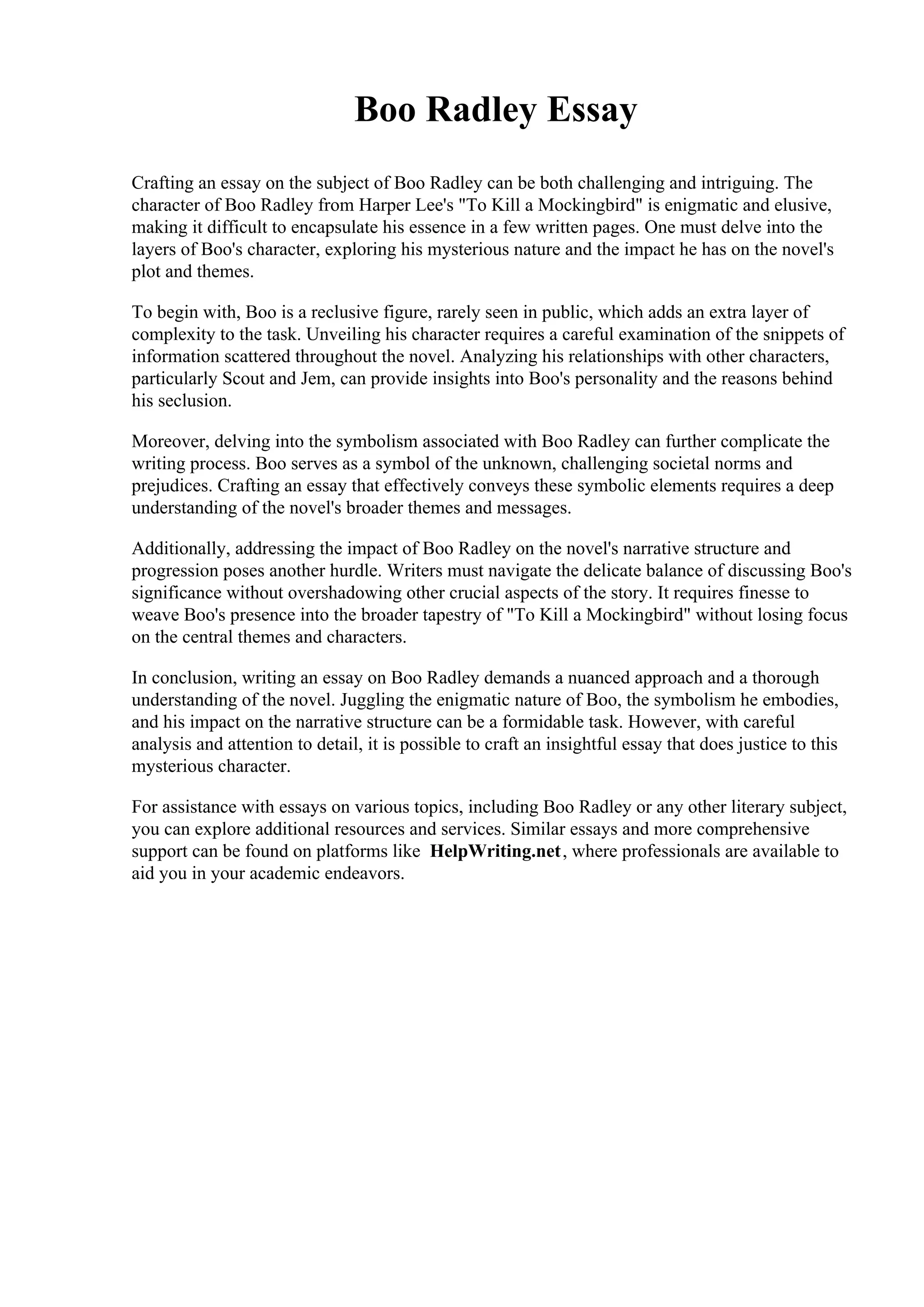 Boo Radley Essay. Onondaga Community College | PDF