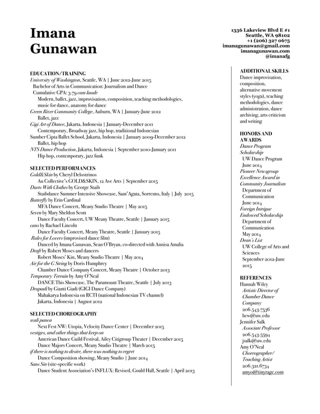 Imana Gunawan Dance Resume | PDF | Music | Entertainment