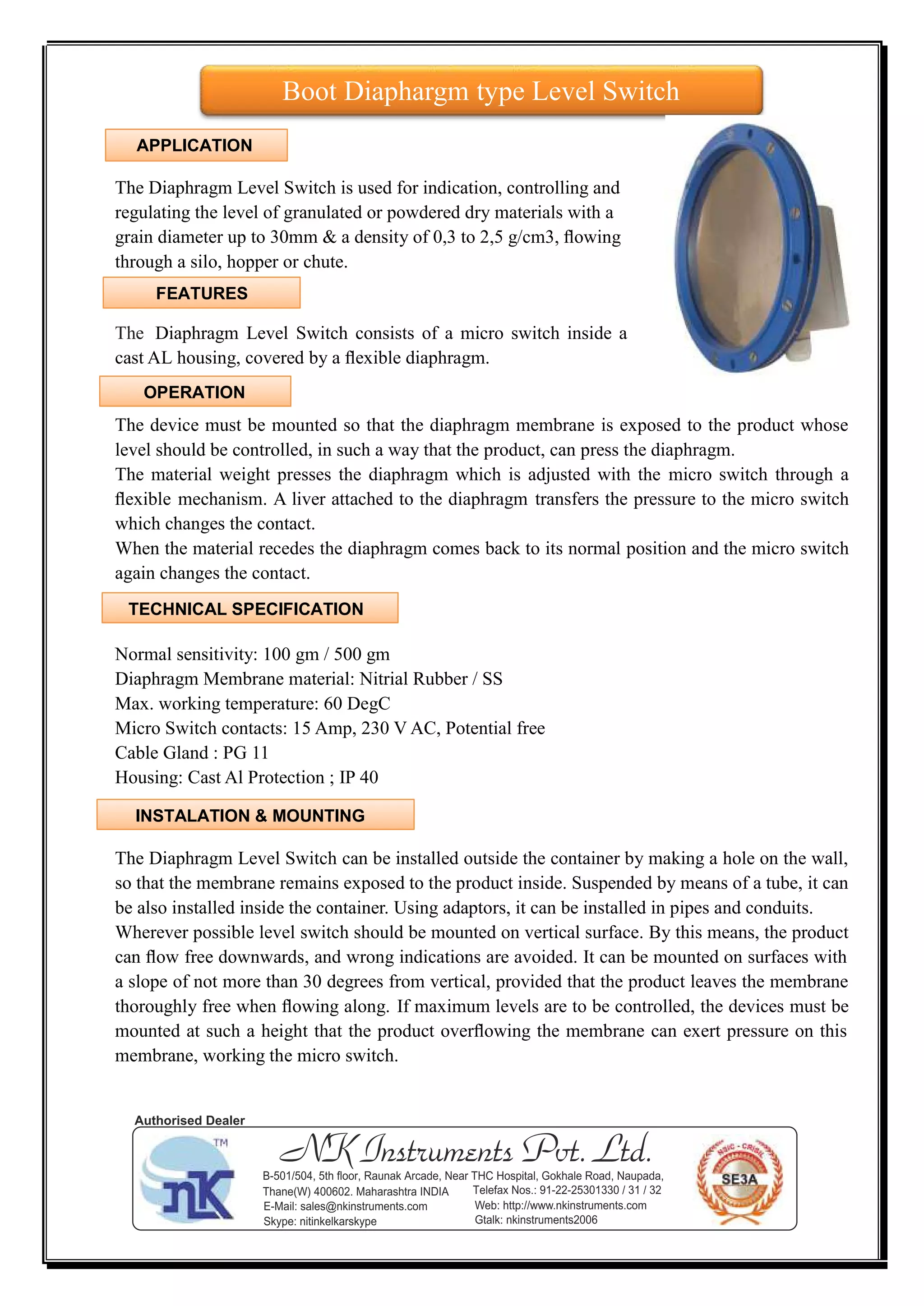 Boot Diaphragm type Level Switch - Metal Diaphragm | PDF