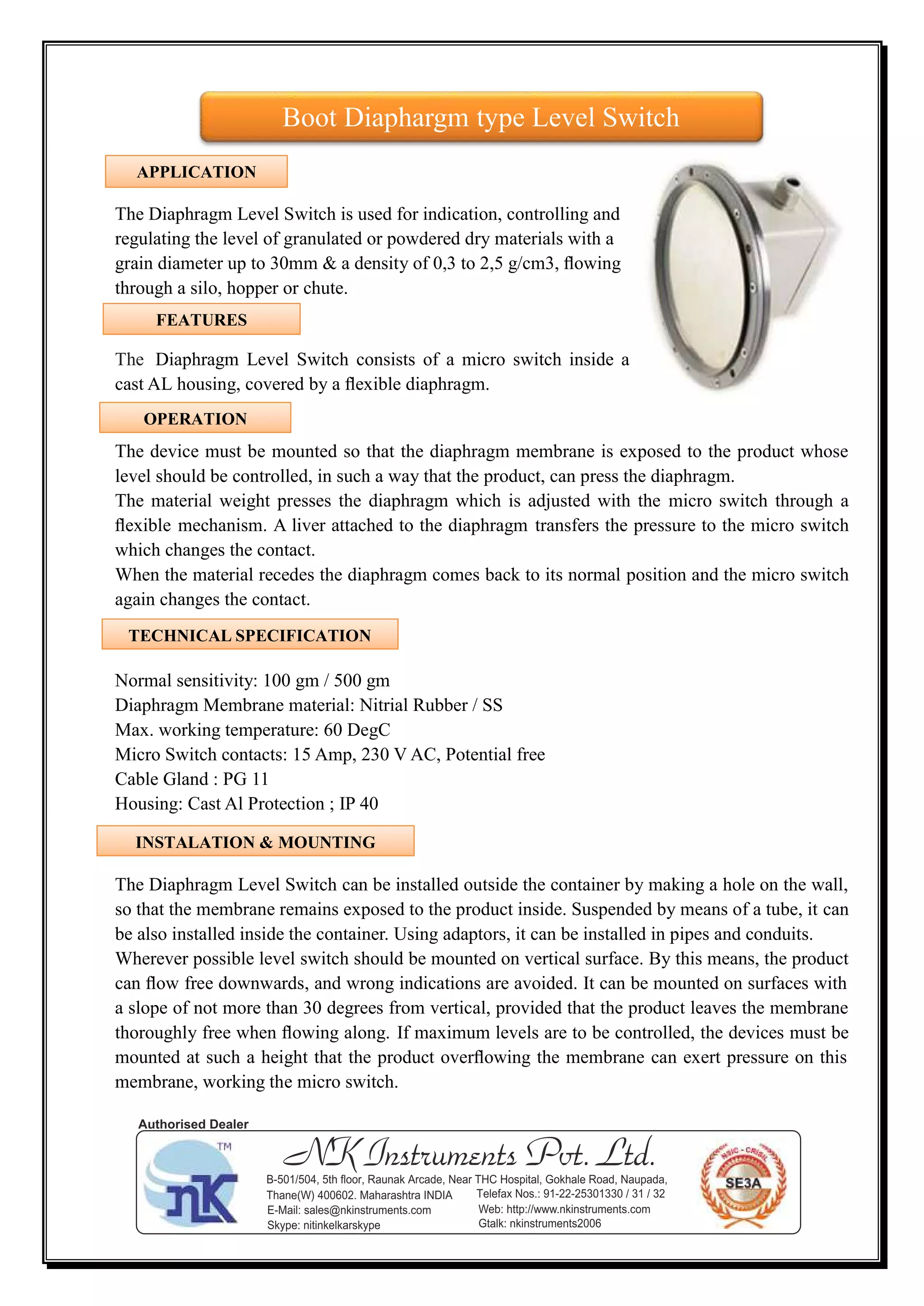 Boot Diaphragm type Level Switch - Rubber Diaphragm | PDF