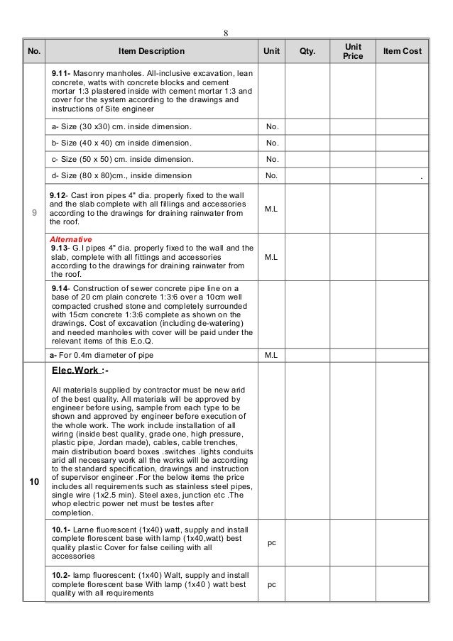 Sample Boq Excel Formats Boq Sample Mep Work Always Provides You With Samples For Everything