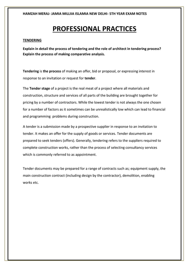 Tendering-professional practices-jamia millia islamia | PDF