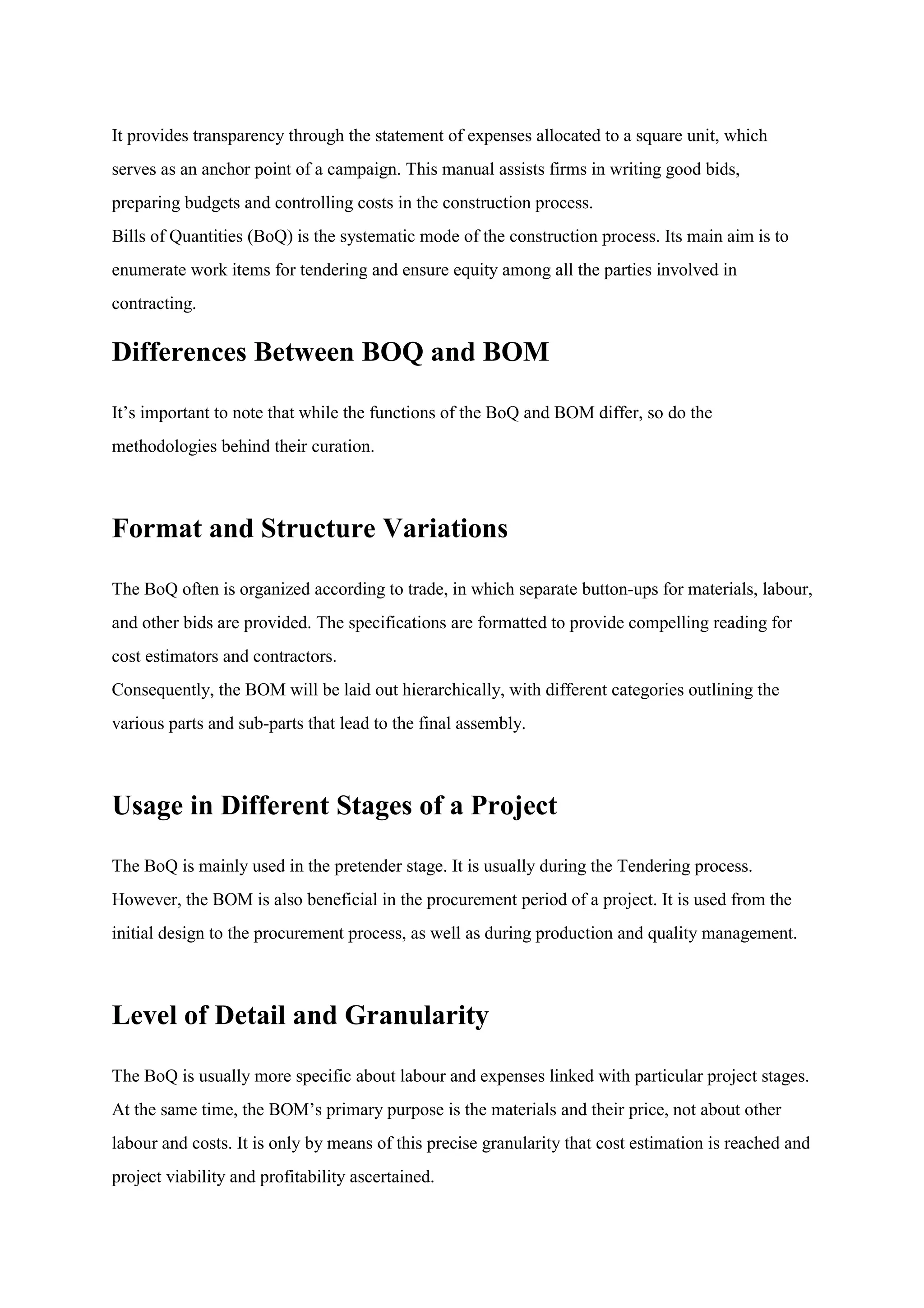 BOQ vs BOM: Definitions, Differences, and Process Explained | PDF