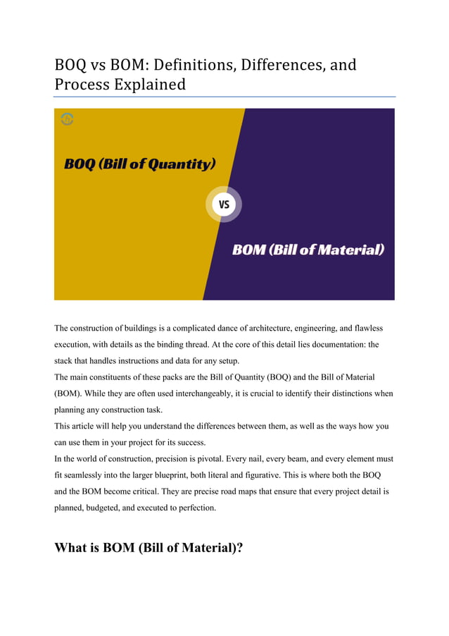 BOQ vs BOM: Definitions, Differences, and Process Explained | PDF