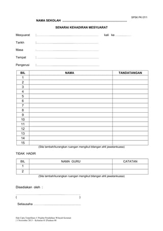 Borang pk-07-1-senarai-kehadiran-mesyuara tppwk | PDF
