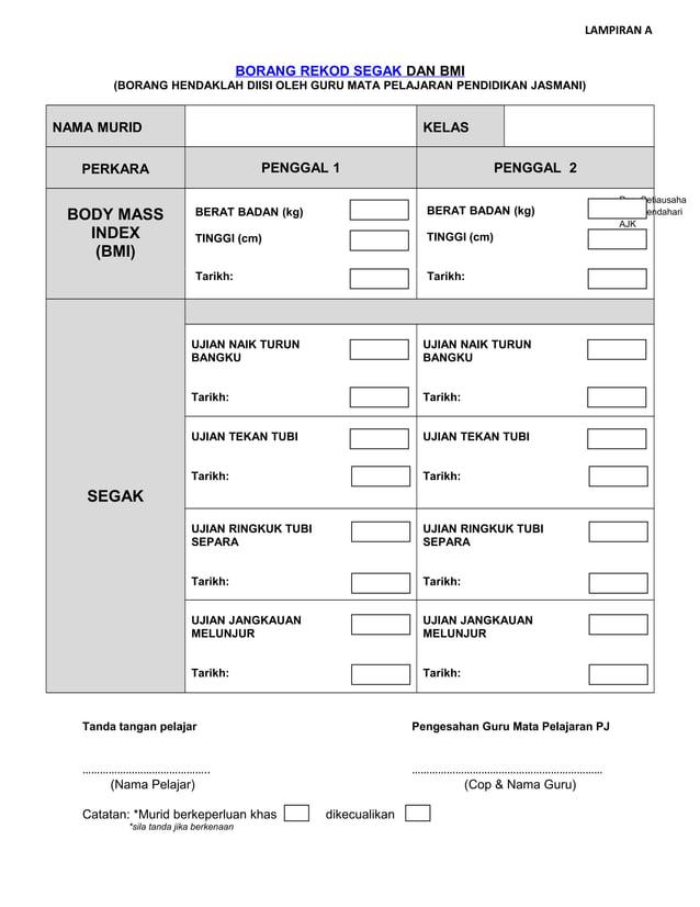 Borang rumusan-segak-dan-bmi-a | PDF