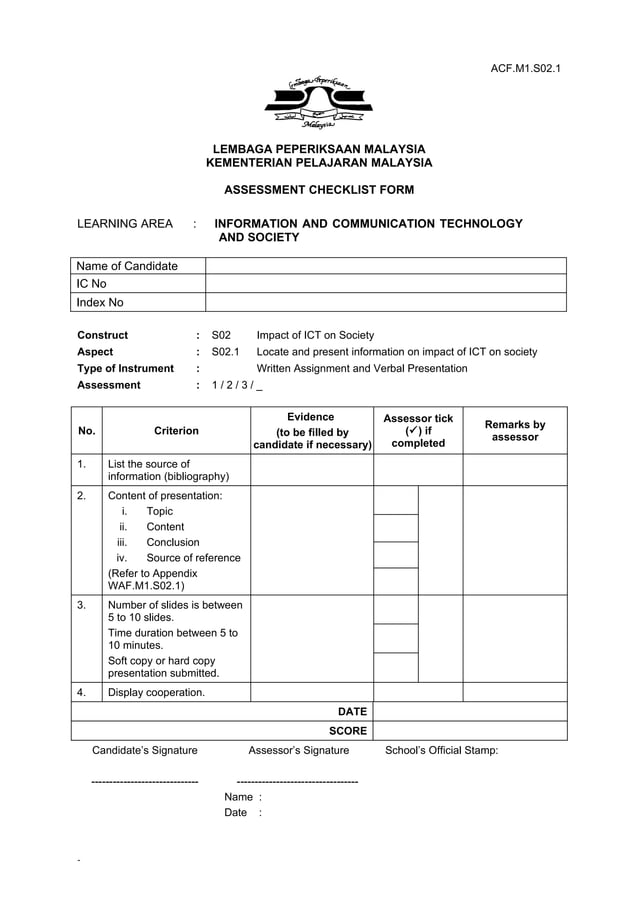 Borang assesment ict form 4 | PDF