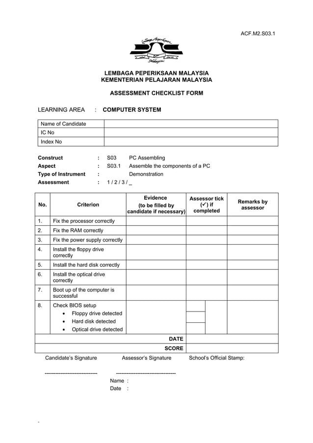Borang assesment ict form 4 | PDF