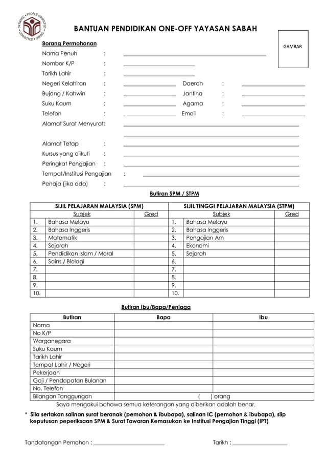 Borang bantuan pendidikan one off yayasan sabah 2018 | PDF