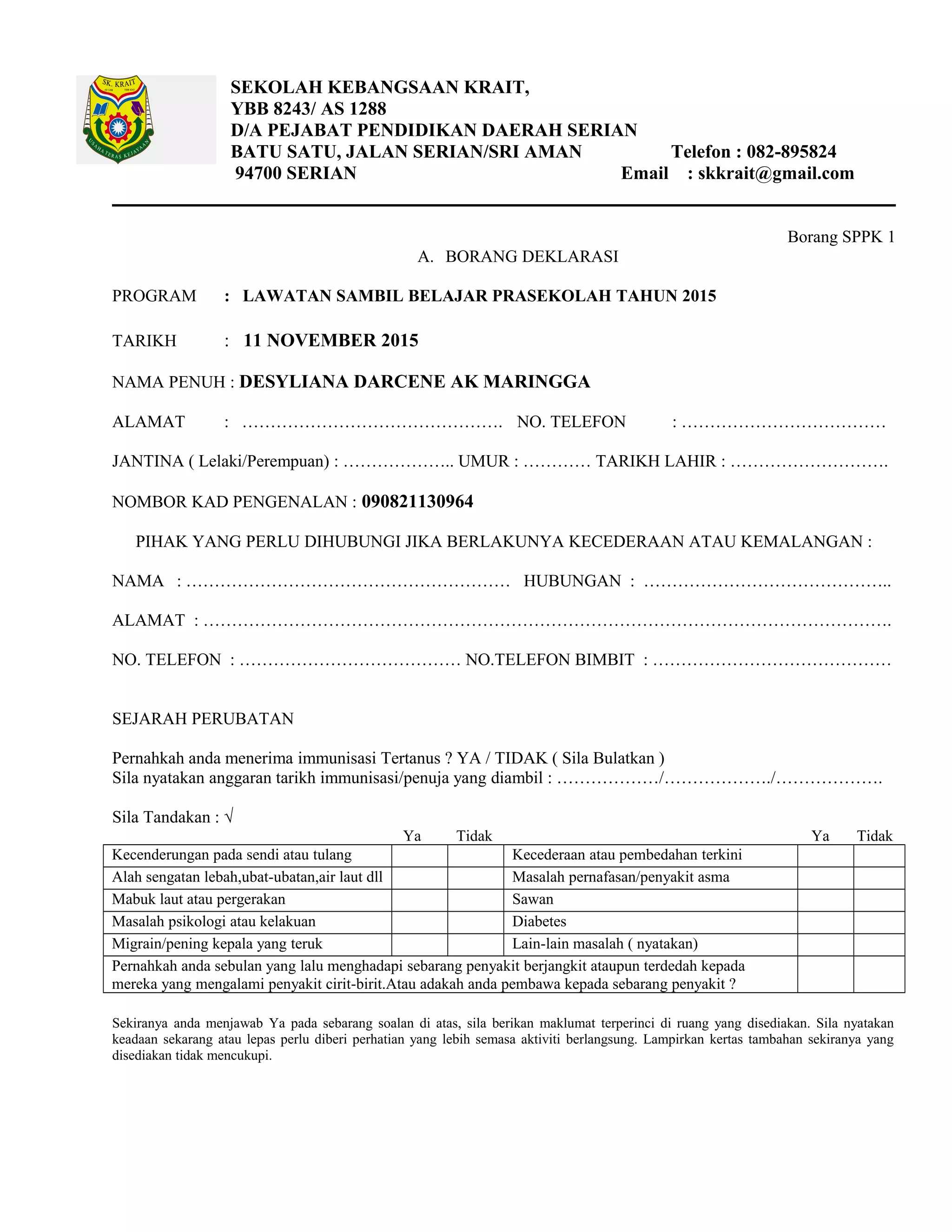 Borang deklarasi Prasekolah | DOC